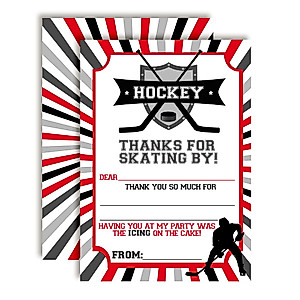 Kids Thank You Cards Black & Red Hockey Birthday Party Thank You Notes, Ten 4" x 5.5" Fill-In The Blank Cards with 10 White Envelopes by AmandaCreation