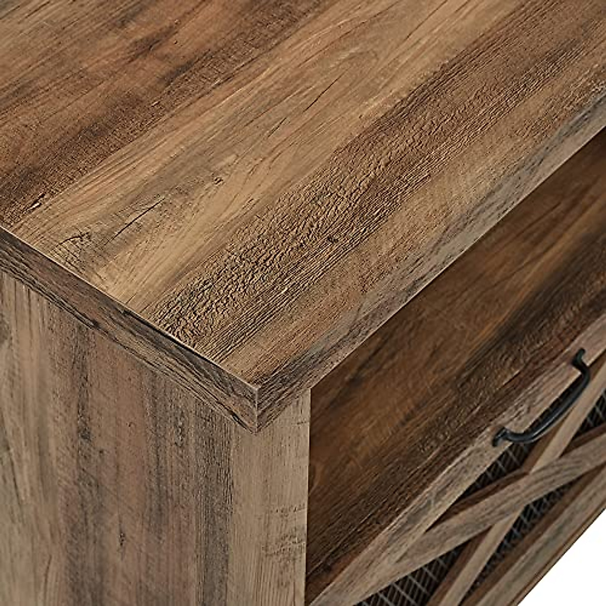 Walker Edison Calgary Industrial Farmhouse X-Drawer Metal Mesh and Wood Fireplace TV Stand for TVs up to 80 Inches, 70 Inch, Rustic Oak