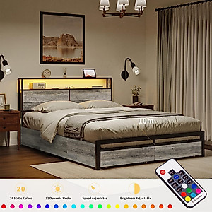 HAUSOURCE Queen Bed Frame with Storage Headboard and 4 Drawers LED Lights Metal Platform Non-Slip Without Noise Mattress Foundation Strong Metal Slats Support No Box Spring Needed,Greige