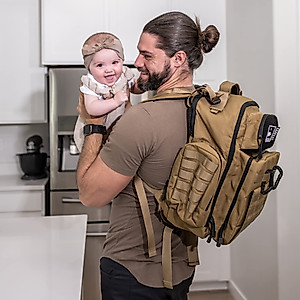 Tan Dad Diaper Bag - Molle-Style Military Diaper Backpack Made of Rugged 900D Waterproof Polyester with Wider Extra-Long Straps, Pouch for Dirty Diapers, Baby Wipes Dispenser & Insulated Pockets