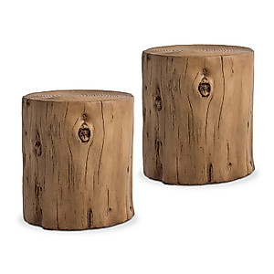 COSIEST Outdoor End Table Set of 2 Light Oak Colored Faux Wood, Hand-Painted Wood Stump Stool, Ottoman or Plant Stand, Deck or Garden