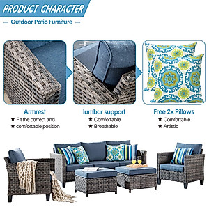 XIZZI Patio Furniture Sets Outdoor Conversation Set 5 Piece All Weather Wicker Sofa Sectional with Ottomans and 2 Pillows for Garden Backyard Deck,Grey Wicker Denim Blue