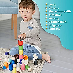 Ulanik Large Peg Dolls in Cups Toddler Montessori Toys for 3 Year Old + Kids Wooden Waldorf Dolls for Learning Color Sorting and Counting — 12 Gnomes, 3.35 in