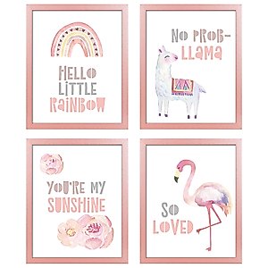 ArtbyHannah 4 Pack 8x10 Inch Framed Baby Nursery Wall Art Decor with Pink and White Decorative Cute Animals Art Prints for Kids Room, Baby Girls Playroom Children Room Bedroom or Home Decoration