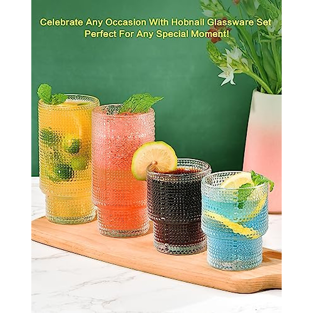 ISMASOAN Hobnail Drinking Glasses Set of 12,Glass Cups 12 oz and 7 oz,Hobnail Glassware,Vintage Glassware,Romantic Water Glasse,Drinking Glasses,Collins Glasses