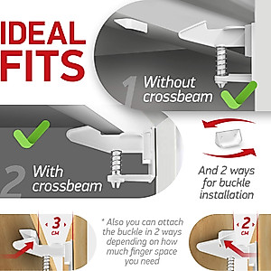 Cabinet Locks for Babies - Child Safety Latches 10 Pack - Invisible Adhesive Baby Proofing Drawer Locks - Works with Most Cabinets and Drawers - No Drilling Installation - (White)