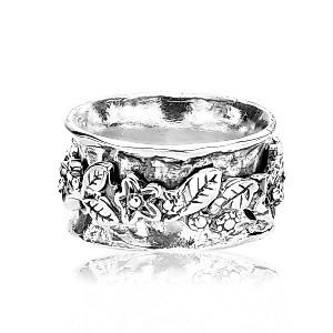 925 Sterling Silver Spinner Ring Unisex Band Bold Leaf and Flower, Oxidized, Vintage Stylish Hypoallergenic, Nickel Lead-free, Artisan Handcrafted Designer Made in Israel (Size 5-11)