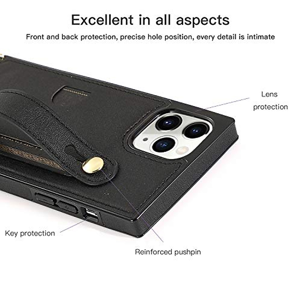 DEFBSC Crossbody Case for iPhone 12, iPhone 12 Pro Case 5G, Finger Strap Wallet Case with PU Kickstand and Adjustable Detachable Crossbody Strap Card Slot Heavy Duty Protective Square Cover-Black