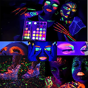 BEUSELF Neon Eyeshadow Palette, 24 Colors Highly Pigmented Fluorescent Makeup Pallet Glow in the Dark, UV Glow Blacklight Matte Glitter Rainbow Eye Shadows for Luminous Carnival Party Halloween Makeup