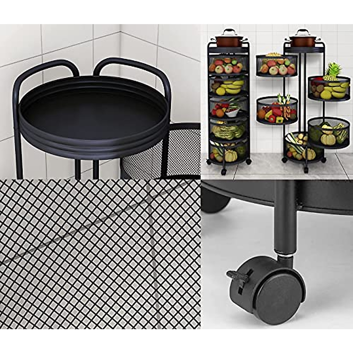 Lucklycabin Kitchen Storage Rack-Rotating Vegetable Rack Floor-Standing Multi-Layer Movable Organizer, Household Shelf for Living Fruit Snack Stand (5F, Black)