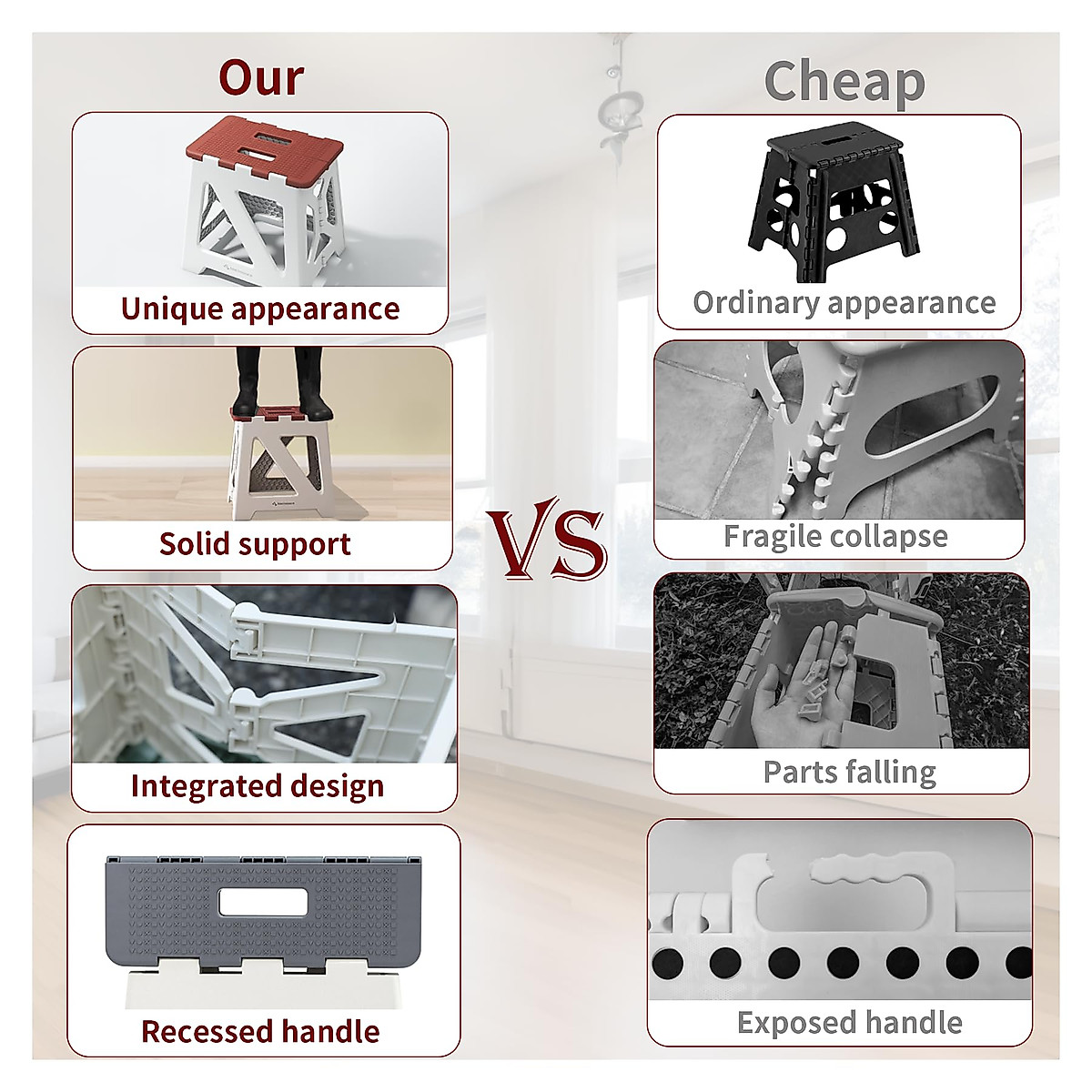 BLACKSPAC 13" Folding Step Stool for Kids or Adults, 300 lbs Capacity Non-Slip Compact Plastic Foldable Step Stool with Handle, Portable Lightweight Small Stool for Home or Kitchen(Grey)