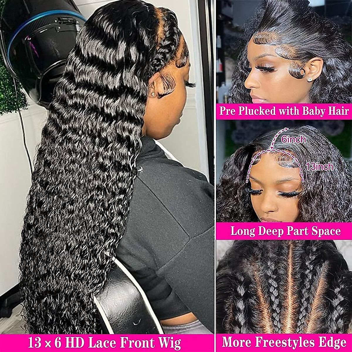 Hswpawk 13x6 Deep Wave Lace Front Wigs Human Hair HD Transparent Lace Front Wigs Human Hair Pre Plucked 180% Density Glueless Wigs Human Hair with Baby Hair Deep Curly Wigs for Women Natural Color 24