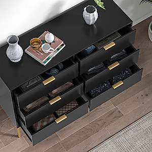 Anmytek Modern 6 Drawer Dresser, Black Dressers for Bedroom, Chest of Drawers Closet Organizers and Wood Storage Clothes, Black Dresser with Golden Handles for Living Room, Hallway