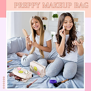 9 Pieces Preppy Patch Makeup Bag Chenille Letters Cosmetic Bag Smile Lightning Heart Pu Leather Portable Waterproof Toiletry Bag Travel Makeup Bag for Women (Gold, Smile, Lightning, Heart)