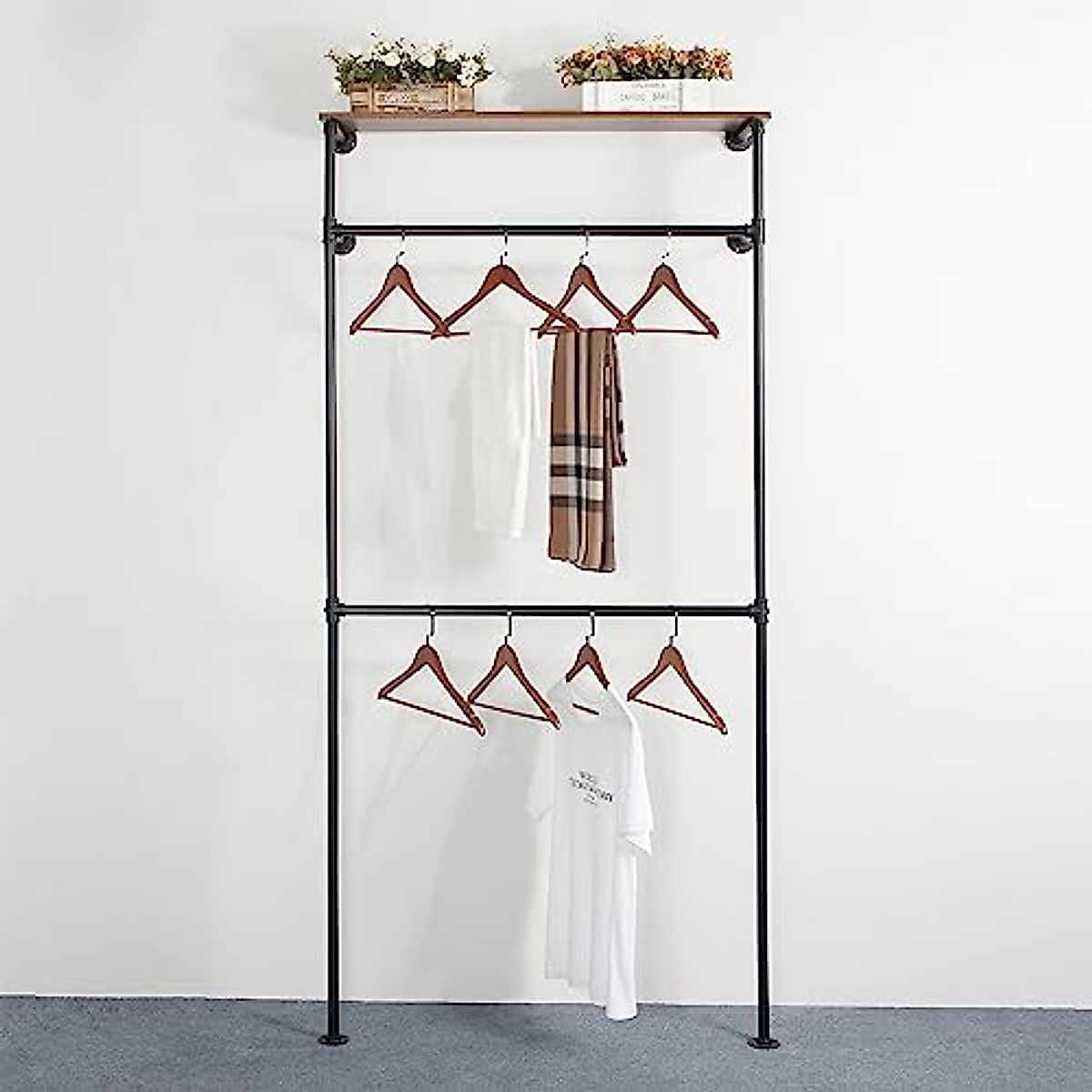 OUBITO Industrial Pipe Clothing Rack,Commercial Grade Pipe Clothes Racks,Heavy Duty Wall Mounted Closet Storage Rack,Hanging Clothes Retail Display Rack Garment rack,Black 1 Board With Crossbar