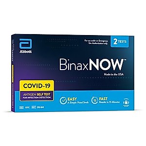 BinaxNOW COVID-19 Antigen Self Test, 1 Pack, 2 Tests Total, COVID Test With 15-Minute Results Without Sending to a Lab, Easy to Use at Home