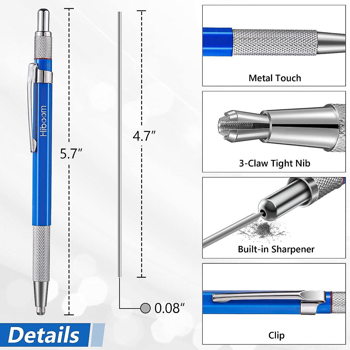 Hiboom Welders Pencil with 12 Pcs Silver Round Refills, Mechanical Pencils Metal Marker with Built-in Sharpener for Pipe Fitter Welder Steel Construction Fabrication Woodworking