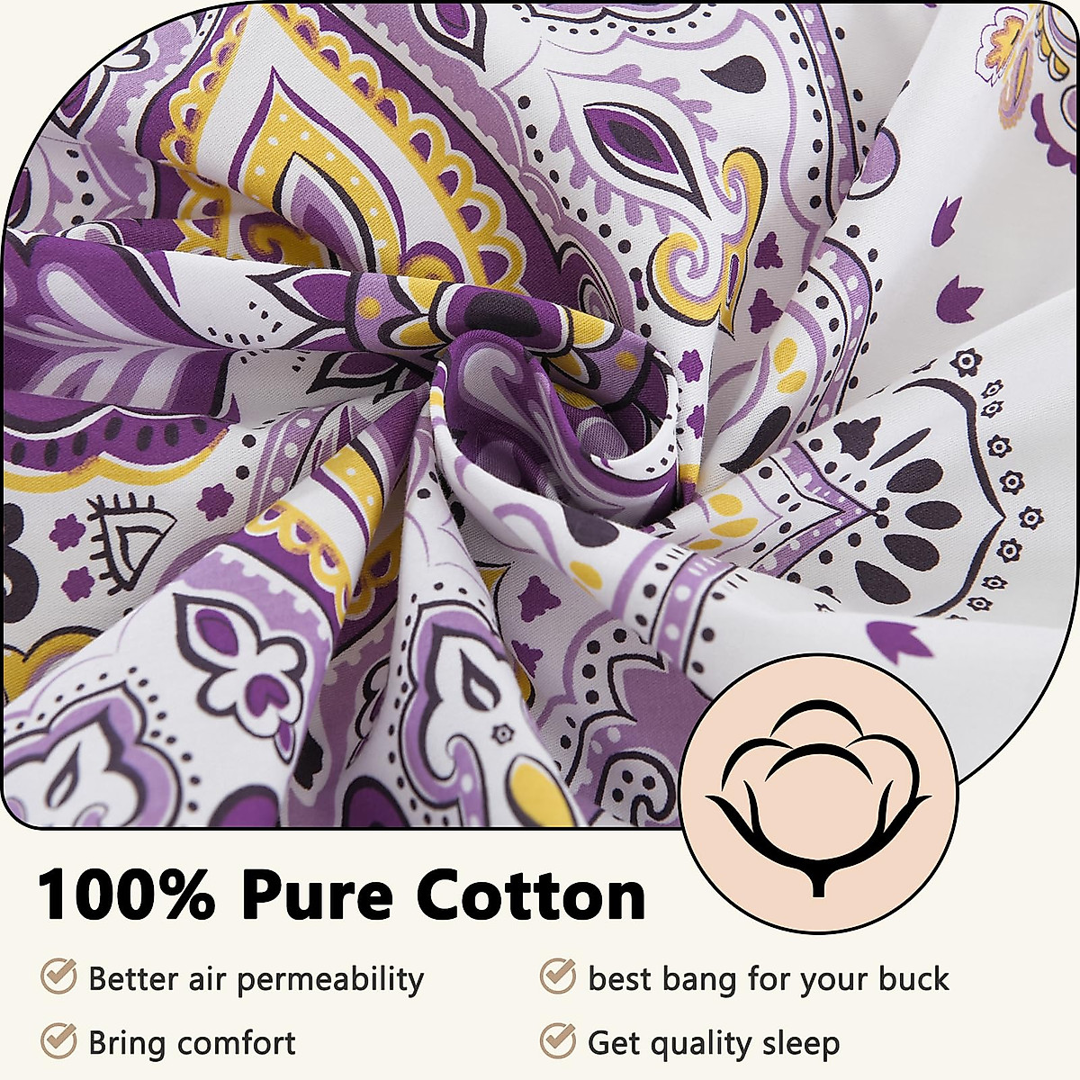 DUOMING Cotton Duvet Cover King - 100% Cotton Soft 3 Pieces Damask Duvet Cover, White and Purple Floral King Duvet Cover Set, Medallion Duvet Cover King with Zipper Closure & 8 Ties