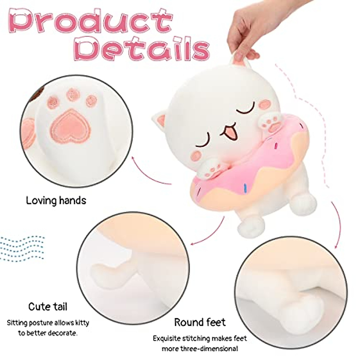 AIXINI Cute Plush Donut Cat Stuffed Animal, Super Soft Kawaii Cat Kitten Plushies for Kids 10inch (White,B)