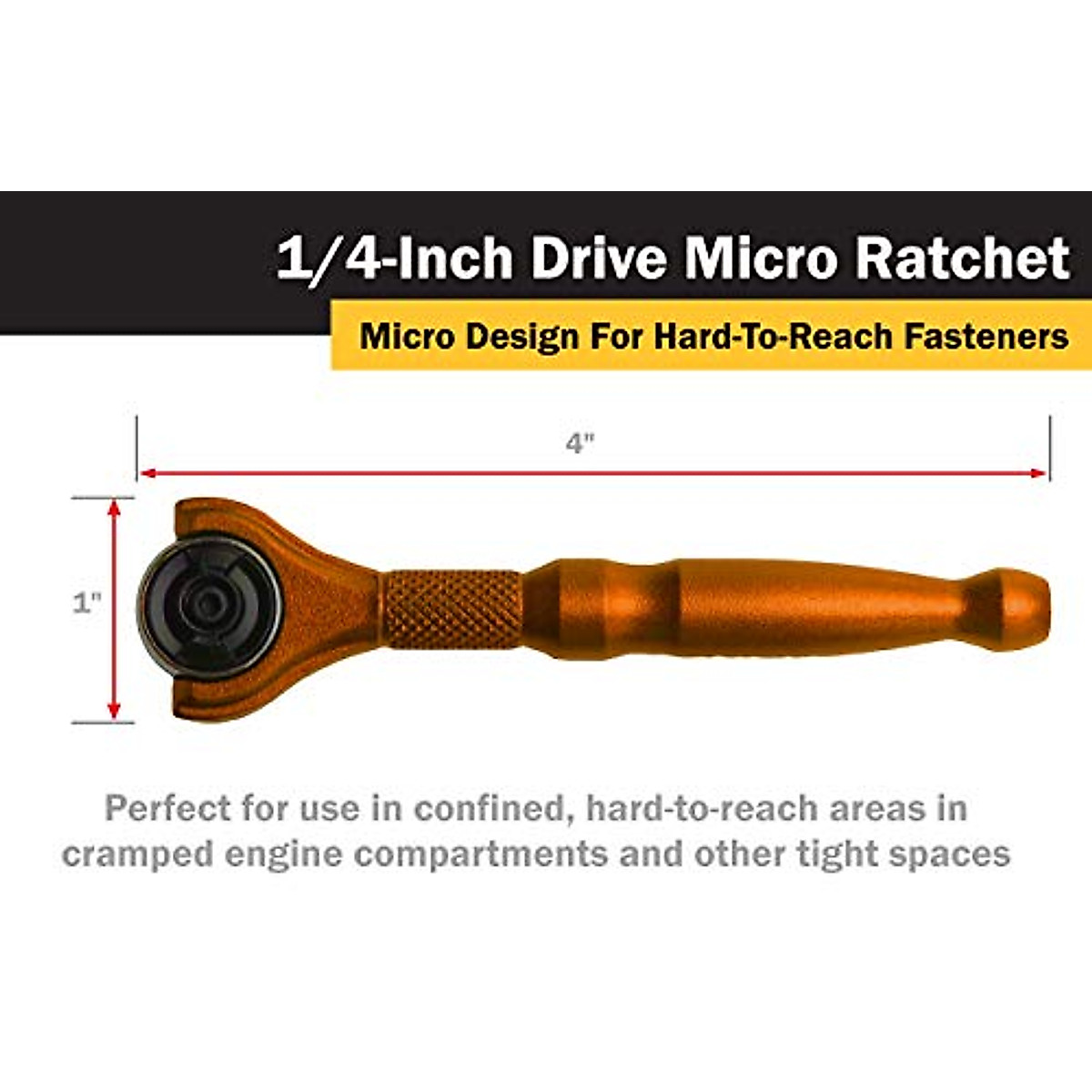 Titan 11322 1/4-Inch Drive x 4-Inch 90-Tooth Swivel Head Micro Ratchet - Orange