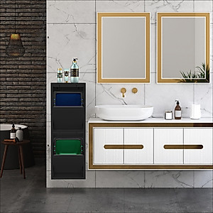 Tilt-Out Trash Can Cabinet with 2 Garbage Cans - Waste Storage Solution for Kitchen and Garage | Tilt Out Trash Can Cabinet | Garbage Can Cabinet | kitchen Garbage Can Holder (Black, 2 Buckets)