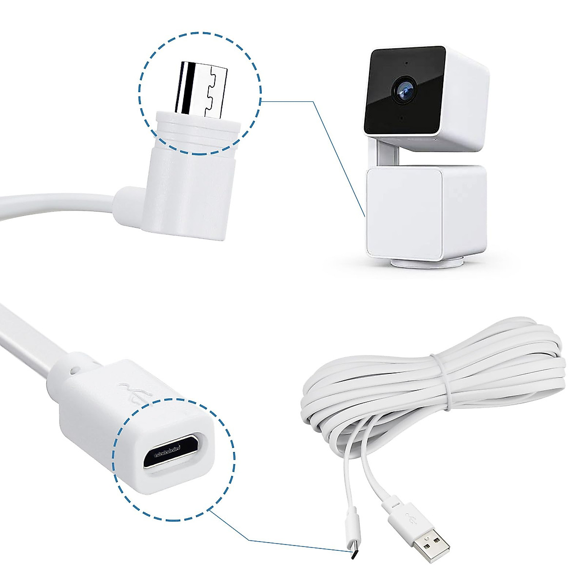 Smays 3-Pack 25 ft Micro USB Extension Cable Compatible with Wyze Cam v4, Wyze Cam Pan v3, Yi Cam, Nest Cam, Blink Mini Security Camera, Long Flat Power Cord, White
