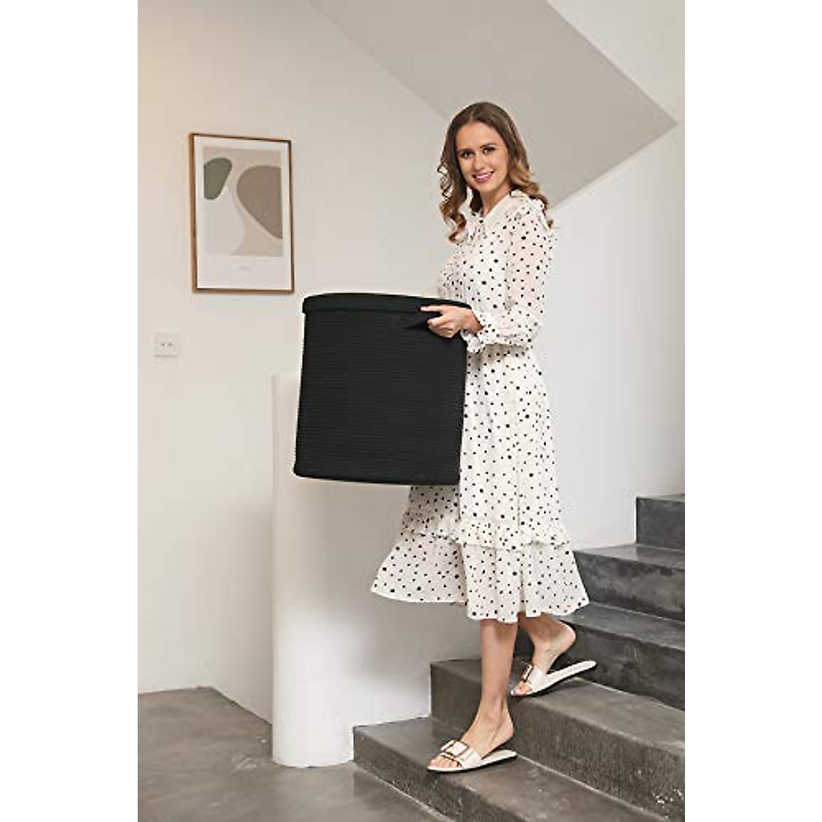 16" x 16" x 18" Extra Large Storage Basket with Lid, Cotton Rope Storage Baskets, Laundry Hamper, Cloth Bin, for Clothes Towels Blankets Pillows Storage in Living Room, All Black Basket with Cover