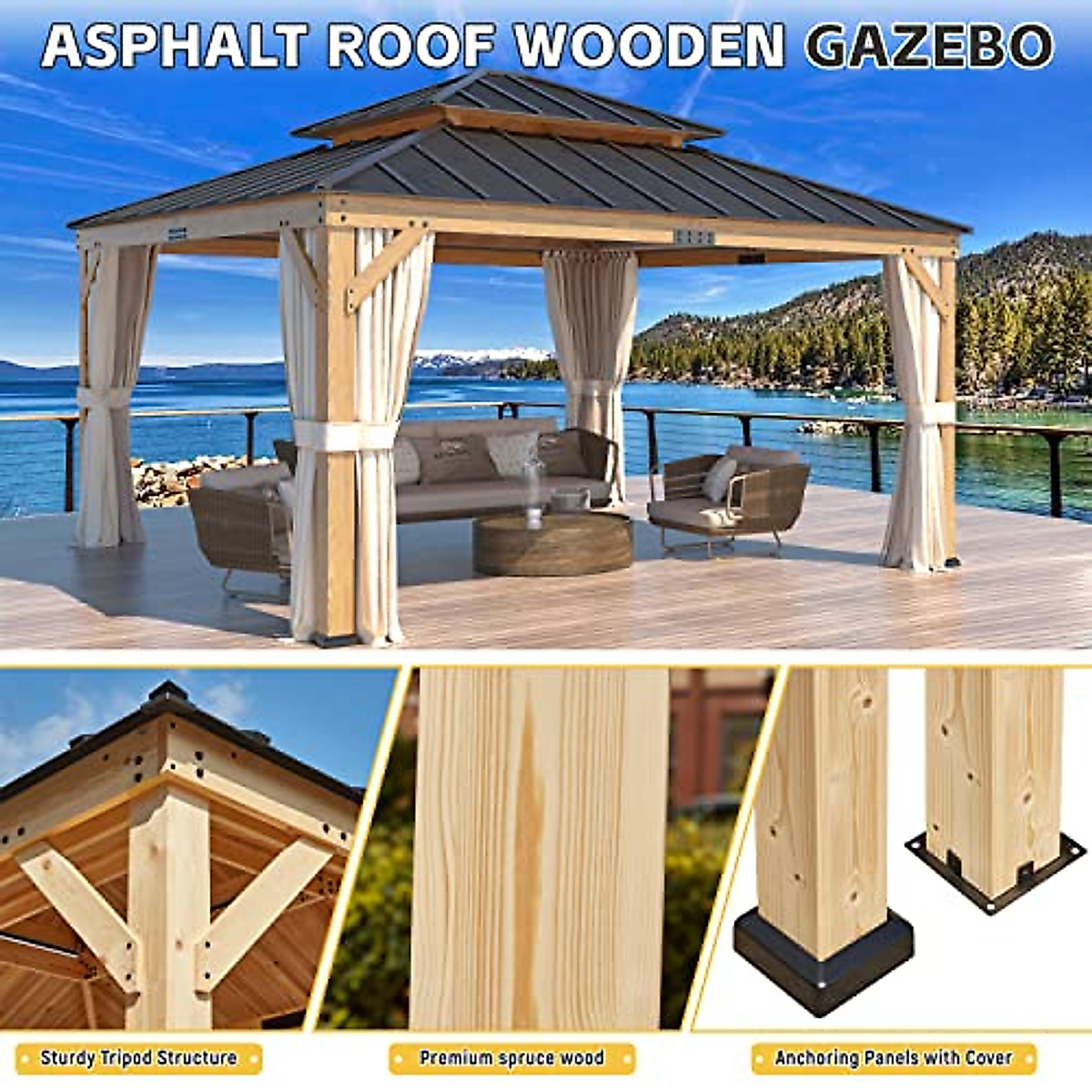 YOLENY 13' x 15' Solid Spruce Wood Gazebo, Hardtop Gazebo with Coated Wood Frame, Waterproof Asphalt Double Roof, Nettings and Curtains for Lawns, Gardens, Decks, and Patios