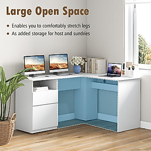 GOFLAME L-Shaped Desk, 59" Corner Computer Desk with File Drawer & Open Shelf, Large Workstation w/ 2 Cable Management Holes, Writing Study Desk for Home Office, White