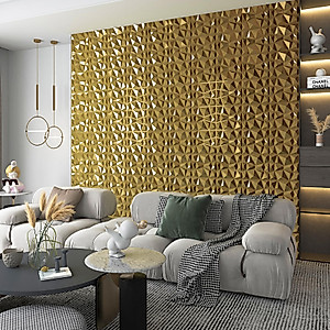 Art3d 3D Diamond Design Paneling for Interior Decor, Living Room, TV Wall Background, Bedroom, Gaming Setup, 11.8" x 11.8", Gold, 33 Pack