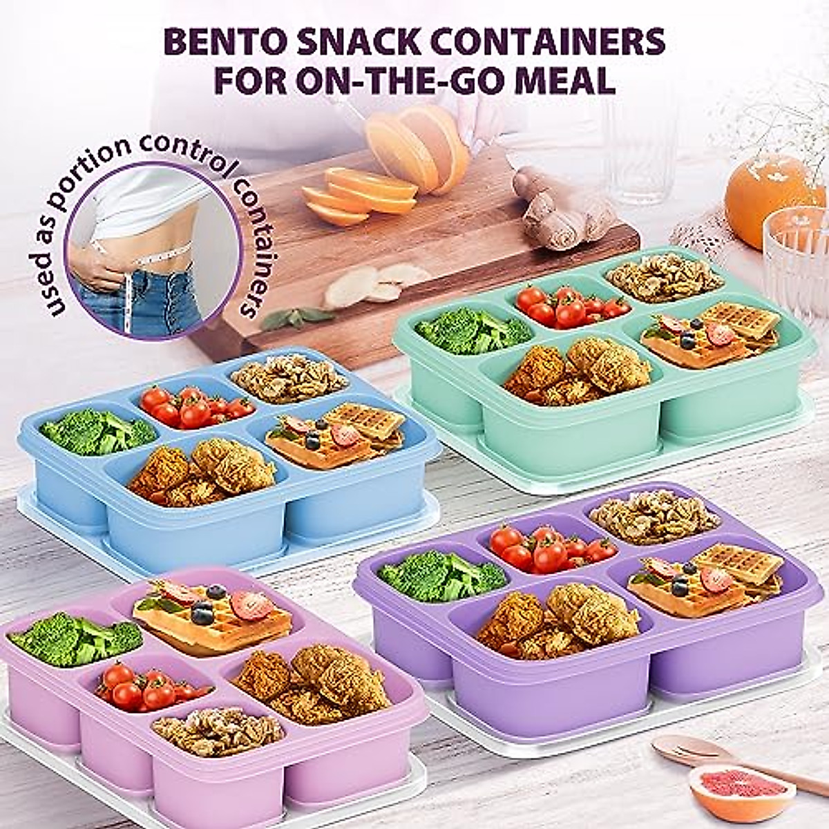 Mosville® Bento Snack Containers, 4 Pack Lunchable Container with 5 Compartments for Adults On-the-Go Meals [Portion Control], Reusable Bento Lunch Box BPA-Free