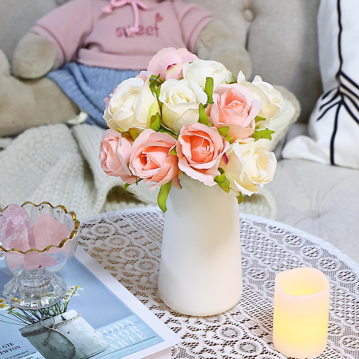 CEWOR 24 Heads Artificial Rose Flowers Bouquet Silk Flower Roses with Stems Home Bridal Wedding Party Festival Decor (2 Packs Champagne and Pink)