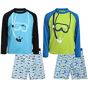iXtreme Boys' Rash Guard Set - 4 Piece UPF 50+ Swim Trunks and Long Sleeve Swim Shirt (12M-14), Size 7, Royal/Black Shark