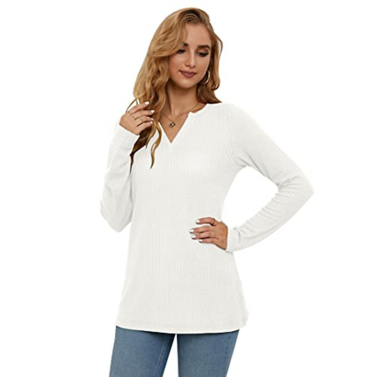 AUSELILY Women Casual Long Sleeve Waffle Knit Solid Color V-Neck Shirt Tunic White M