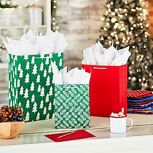 Hallmark Christmas Gift Bags Assorted Sizes (12 Bags: 5 Medium 8", 4 Large 11", 3 Extra Large 14") Red, Blue, Green, Solids, Snowflakes, Stripes