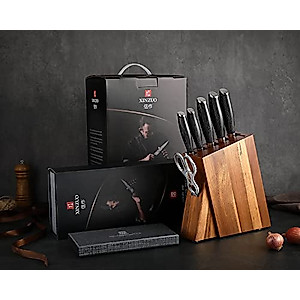 XINZUO 7PC Damascus steel Knife Block Sets, Professional High Carbon Steel Chef Knife Santoku Slicing Utility Fruit Knife with Multifunctional Kitchen Shears,Ergonomic Pakkawood Handle - Ya Series