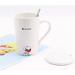 FINEX Random Style Snoopy White Ceramic Coffee Mug Water Cup Set with Lid and Spoon