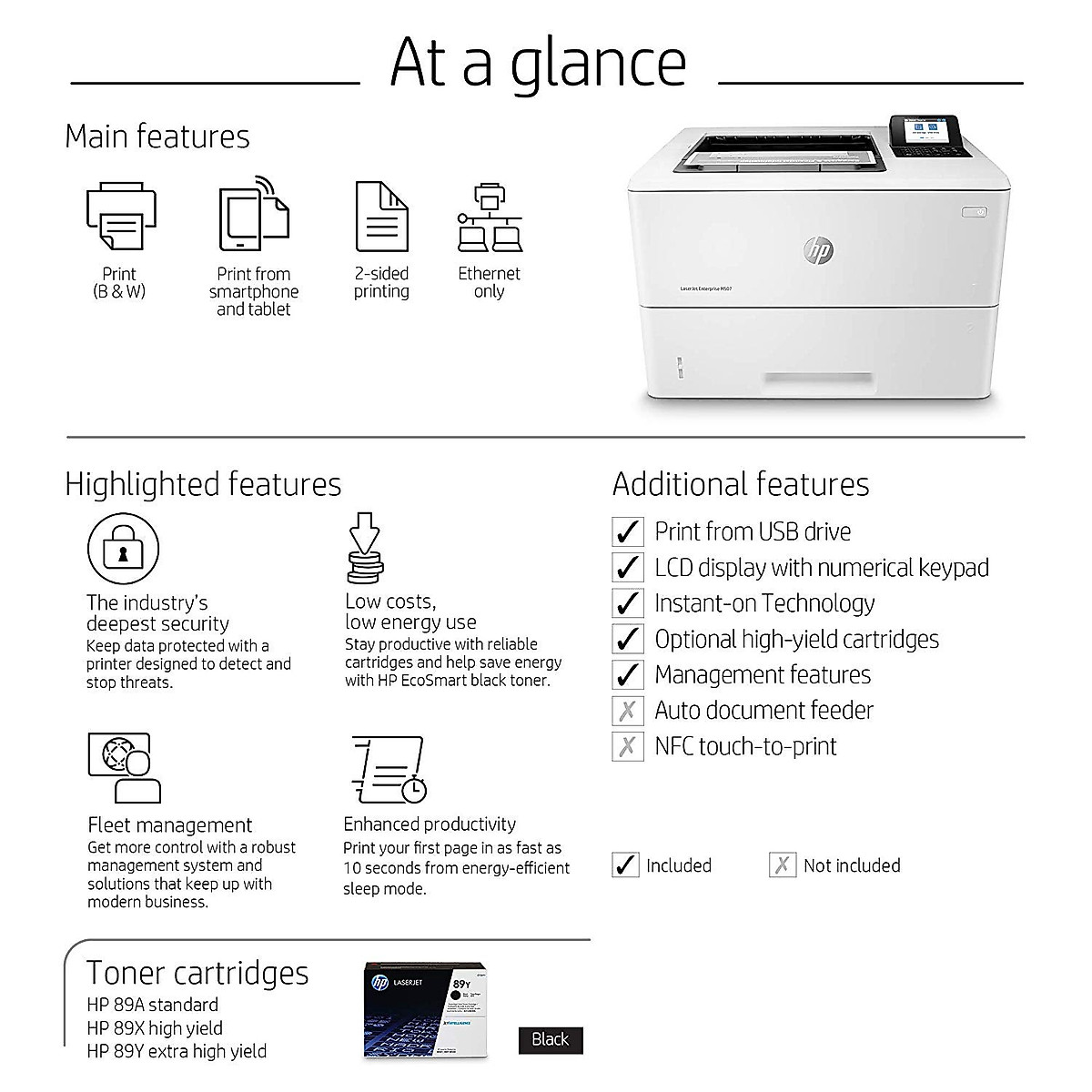 HP LaserJet Enterprise M507dn Monochrome Printer with built-in Ethernet & 2-sided printing (1PV87A) White