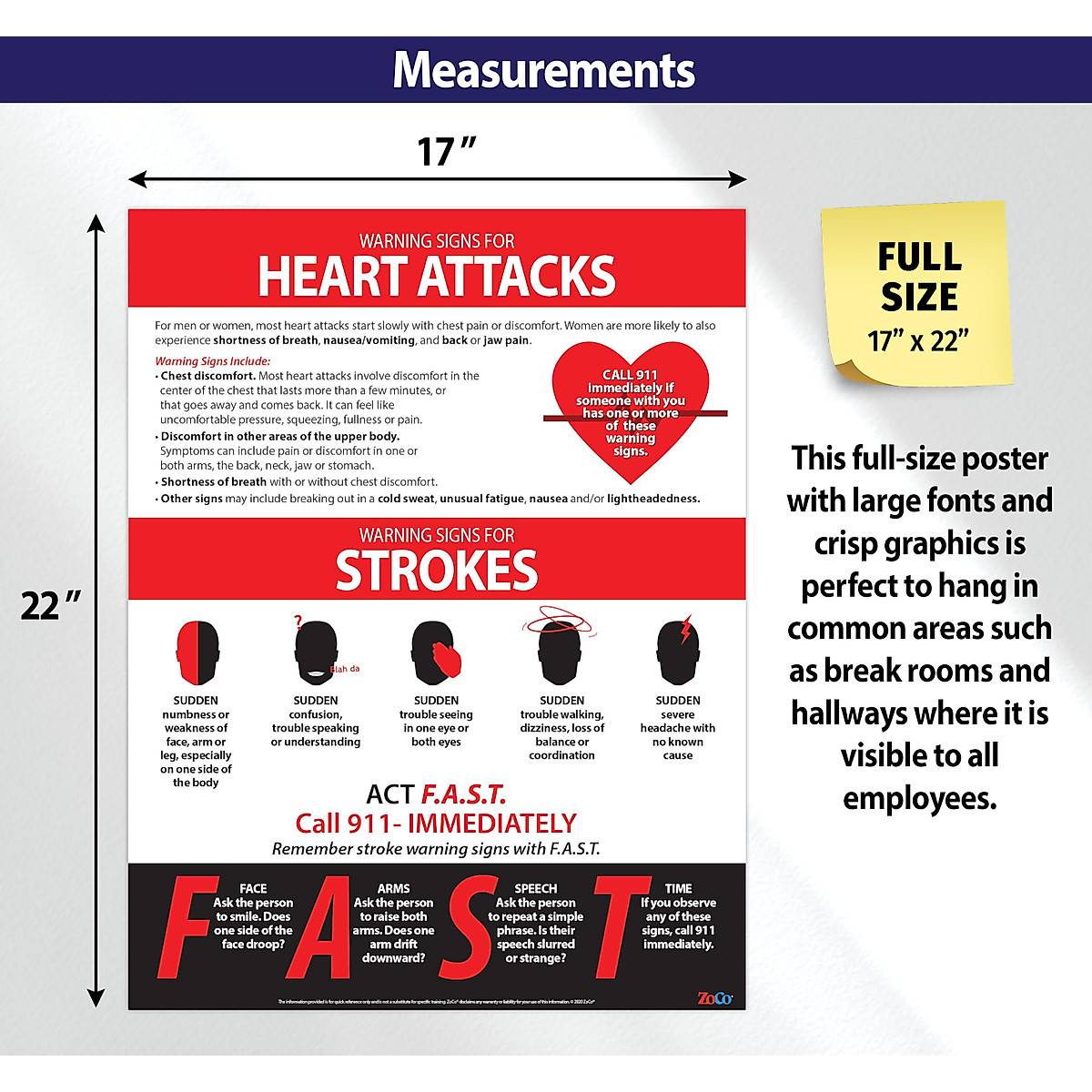 2 Pack: Sudden Cardiac Arrest & Symptoms of Heart Attack and Stroke Poster - Laminated, 17 x 22 inches - Workplace Health and Safety Posters
