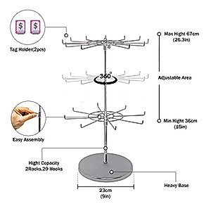 ARIOLUXE Countertop Heavy Duty Metal Rotating Adjustable 2 Tire Spinner Display Stand Rack, Height Adjustable Rotating Jewelry Organizer stand, Chrome Coated Steel(Silver), Comes with 2 Sign Holders