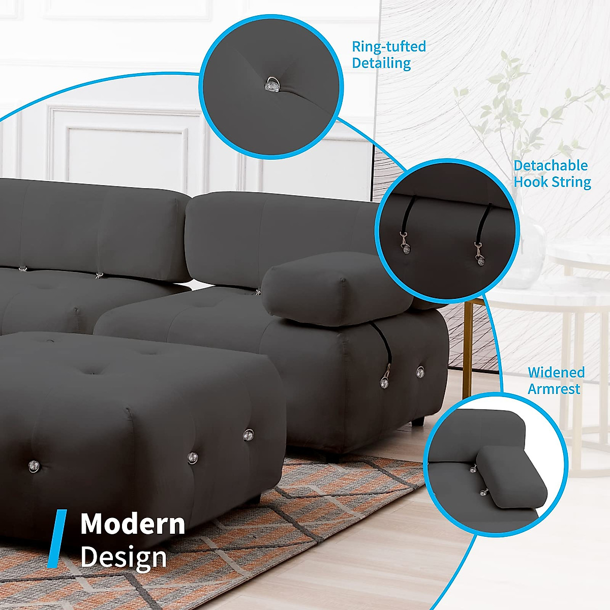 Mjkone Modular Sectional Sofa with Reversible Chaise, Velvet L Shaped Cloud Couch with Reversible Ottoman, 4 Seater Couch Button Tufted Designed, DIY Combination Sofa for Living Room, Dark Grey