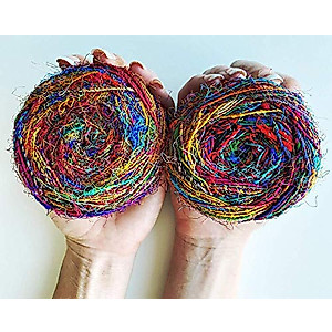 Revolution Fibers Recycled Sari Silk Yarn, Multi-Color Pure Silk Yarn, Made from Handspun Used Sari Fabric Ribbon Scraps, Rainbow Yarn for Knitting, Weaving & Crocheting 100 Grams per Ball (1-Ball)