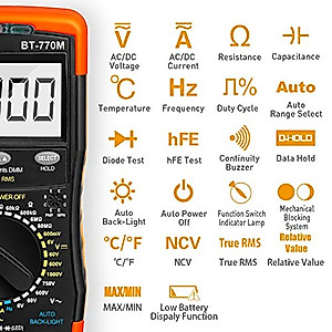 Digital Multimeter TRMS 6000 Count, BTMETER BT-770M Auto/Manual Ranging DMM Electrical Meter Tester for AC/DC Amp, AC/DC Volt, Ohm Capacitance Frequency Continuity Temperature NCV, Auto Backlight