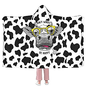 Cow Print Hooded Blanket Flannel Wearable Throw Blanket,Blanket Hoodie Warm Wearable Blanket Soft Fleece Throw Blankets Comfy Hoodie Blankets for Kids Adults