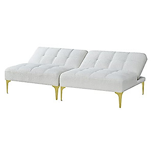 Convertible Couch Bed Futon with Gold Metal Legs, Modern Multi-Functional Convertible Sofa Bed, Teddy Fabric, Small Sectional Sofa, Perfect for Living Room, Bedroom, Office, Apartment (White)