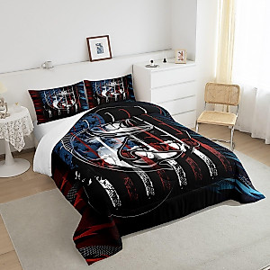 Erosebridal Hunting Fishing Comforter Set Twin American Flag Bass Fish Bedding Set Retro Fishermen Fishing Rod Bedding Comforter Sets for Boys Teen Men Big Pike Fish Quilt Duvet Red Blue Black 2 Pcs