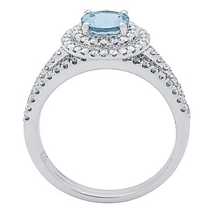Gin & Grace 14K White Gold Blue Natural Diamond & Genuine Aquamarine Halo Style Engagement Propose Promise Ring for Women
