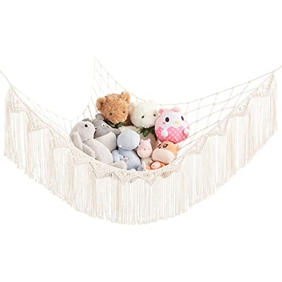 Mkono Stuffed Animal Hammock Macrame Toy Storage Organizer with Lights and Tassels Boho Hanging Stuff Animals Net Large Capability Corner Toys Display Holder for Nursery Kid Room Playroom, 1 piece