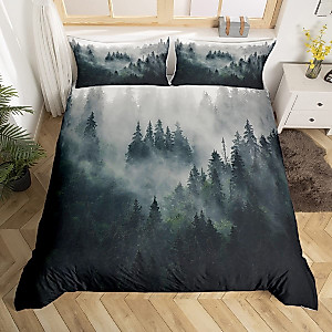 Feelyou Smoky Mountain Bedding Set for Adults Trees Natural Scenery Art Comforter Cover Set Nature Lover Gift Room Decorative Duvet Cover Foggy Scenic Bedspread Cover Queen Size 3Pcs Bedclothes