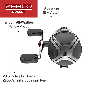 Zebco Bullet Spincast Fishing Reel, Size 30 Reel, Fast 29.6 Inches Per Turn, GripEm All-Weather Handle Knobs, Pre-Spooled with 10-Pound Zebco Fishing Line, Black, Clam Packaging